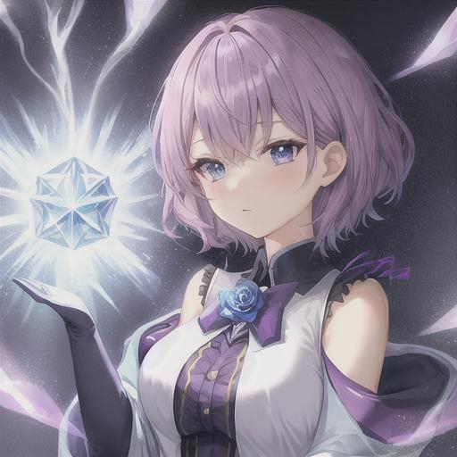 Anime girl wizard, short purple hair, navy blue eyes...