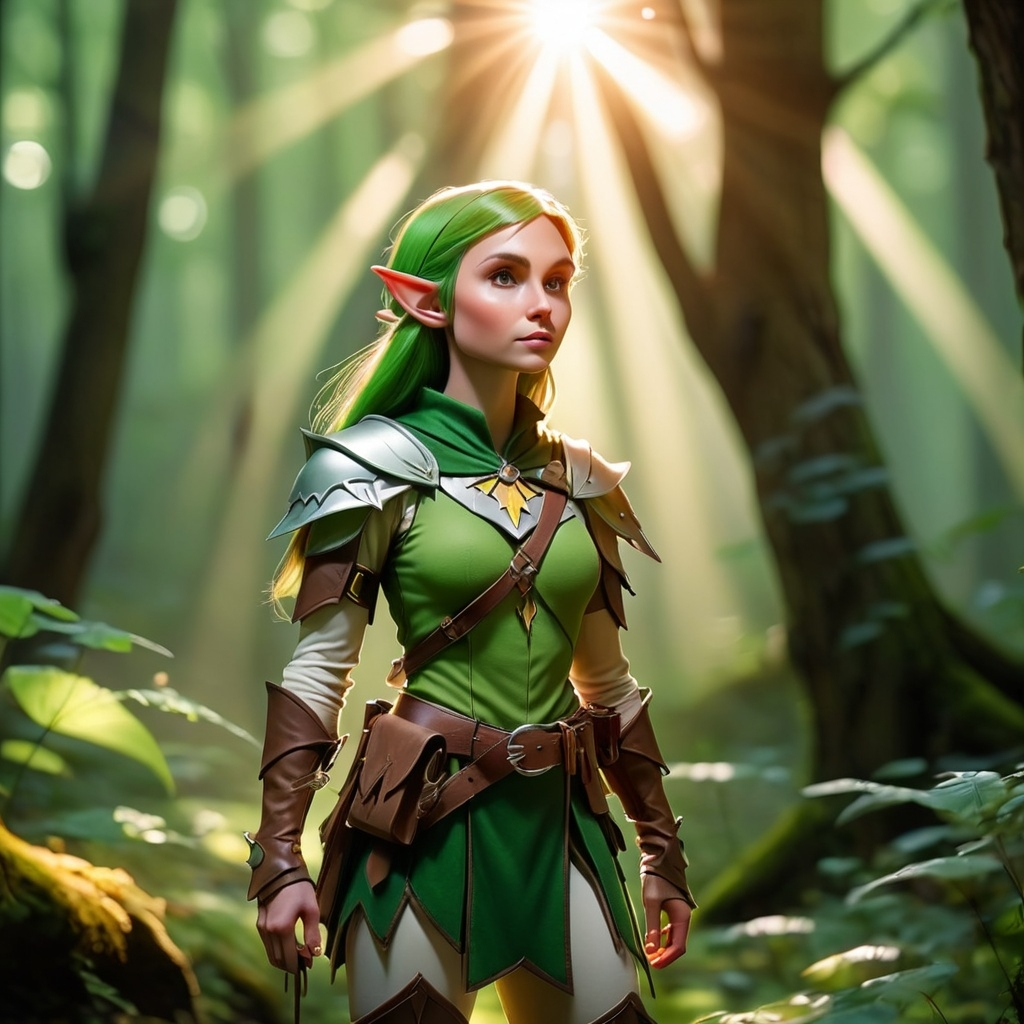 Elf ranger in a mystical forest around sunlight