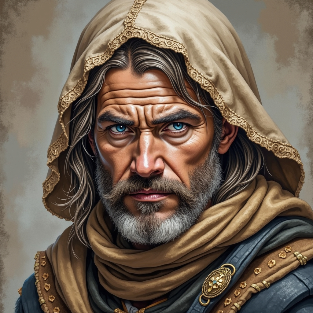 A ruggedly handsome man stares intensely out from th...
