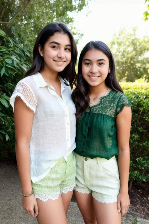 Two Girl 18yo, lesbian, green Lace Blouse, Linen Sho...