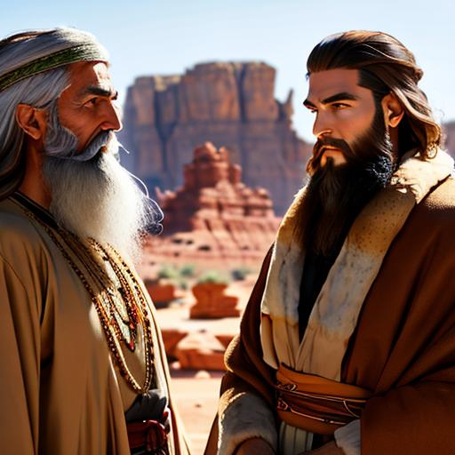 A tall old tan man and a young tan boy, both are wea...