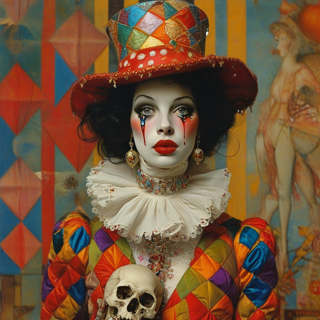 Harlequin Surreal female, joker hat with many colors...