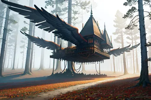surreal concept art of a strange winged cabin flying... | OpenArt