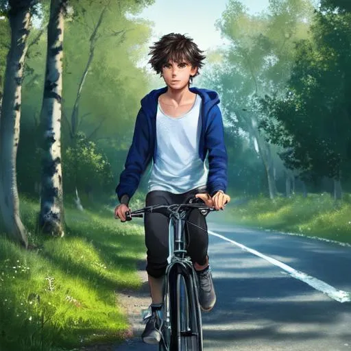 highly detailed, boy riding bike on asphalt road, na... | OpenArt