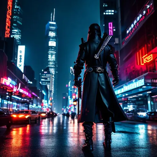 cybernoir, rainy city, man, high tech ninja, trech c...
