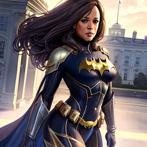 Kamala Harris as Batman, in front of the white house... | OpenArt