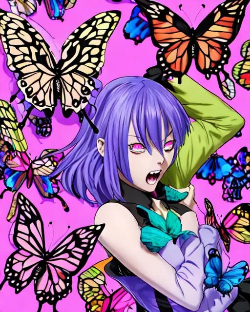 Anime villain is being attacked by butterflies, colo...