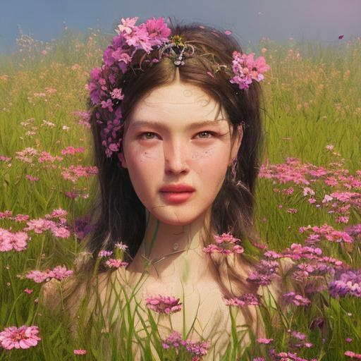 A painting of a goddess in a field of flowers | OpenArt