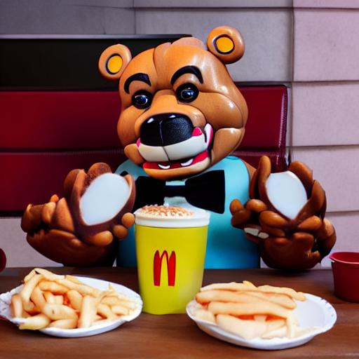 freddy fazbear eating at mcdonald's, photography, 8 k,