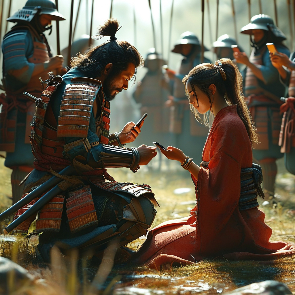 a samurai warrior man kneeling with a ring in his ha...