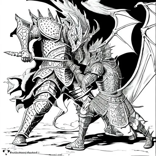 black and white coloring page of a knight fighting a... | OpenArt