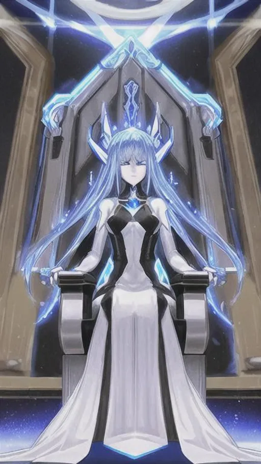 A futuristic, high tech, throne room with a group of...