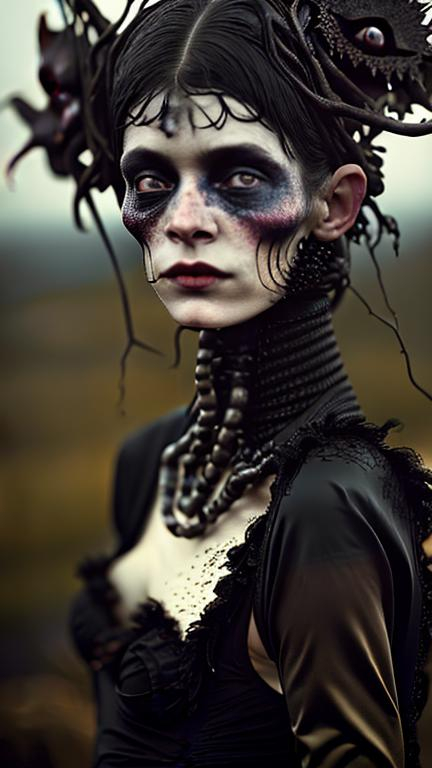 Beautiful Lilith, wearing a worn black dress, at the...