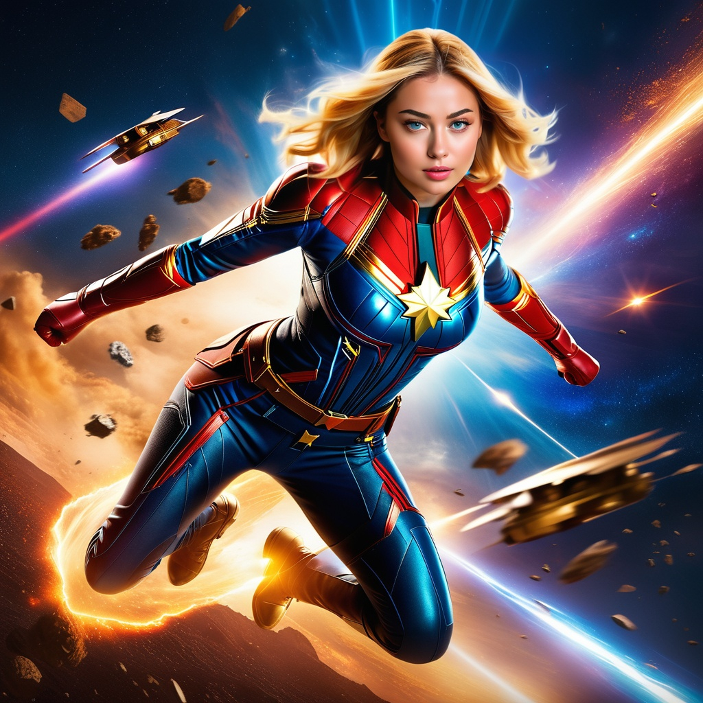 Captain Marvel in the midst of an epic space battle....