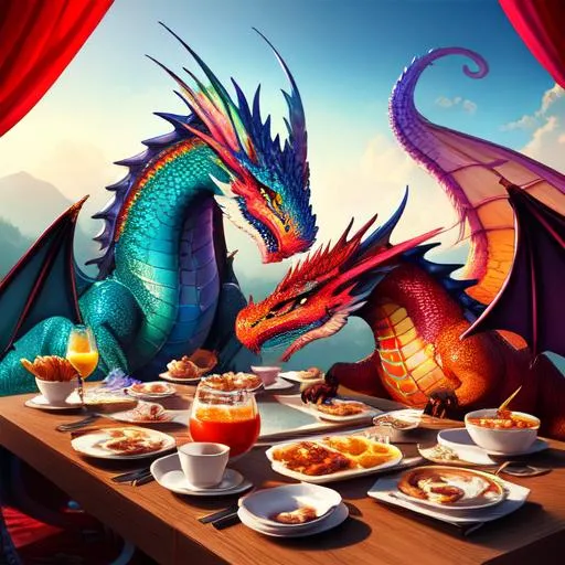 Colorful dragons having morning breakfast, cute face... | OpenArt