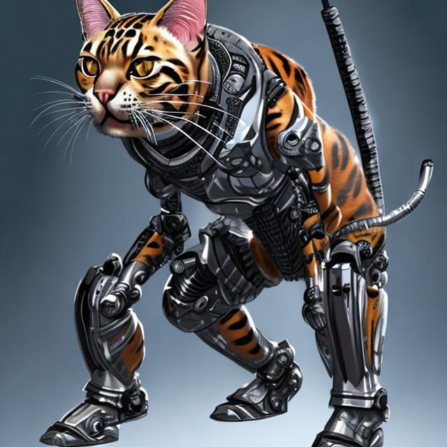 a bengal cat in Robocop style armor batting garn