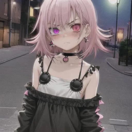 serious, pink and black hair, heterochromia, adorabl... | OpenArt