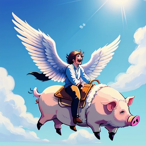 Men and women flying atop pigs with wings in a fluff...