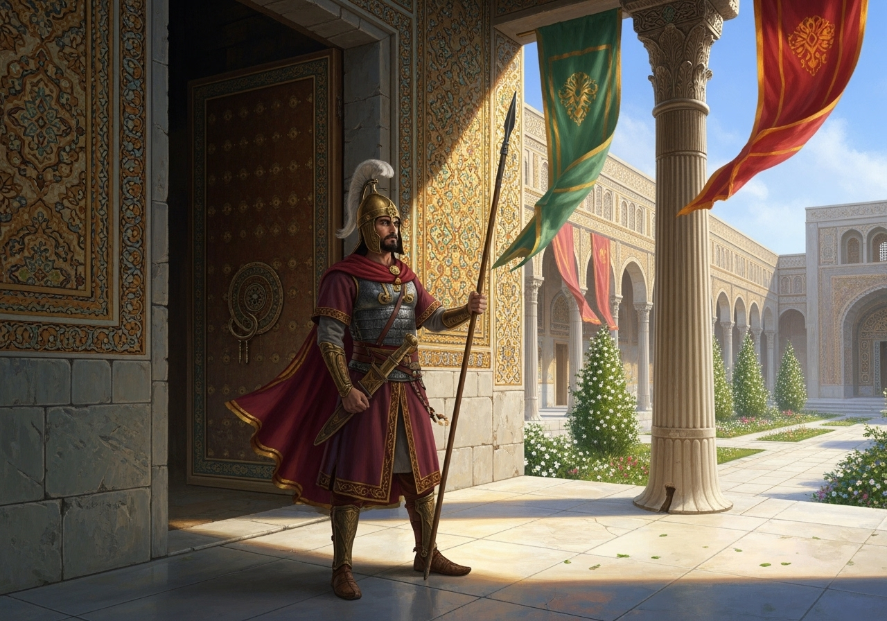 A Persian soldier guards the entrance to a palace in...