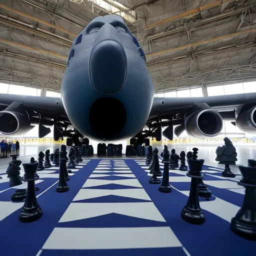 A giant rook chess piece on top of a Boeing 747 plane