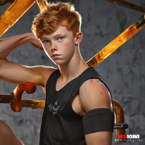 15 year old boy, ginger hair, amber eyes, black tank...