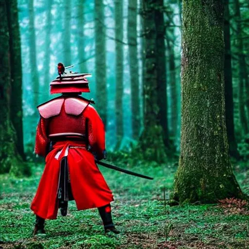 a samurai walking in a dark forest, frontal view, dr... | OpenArt