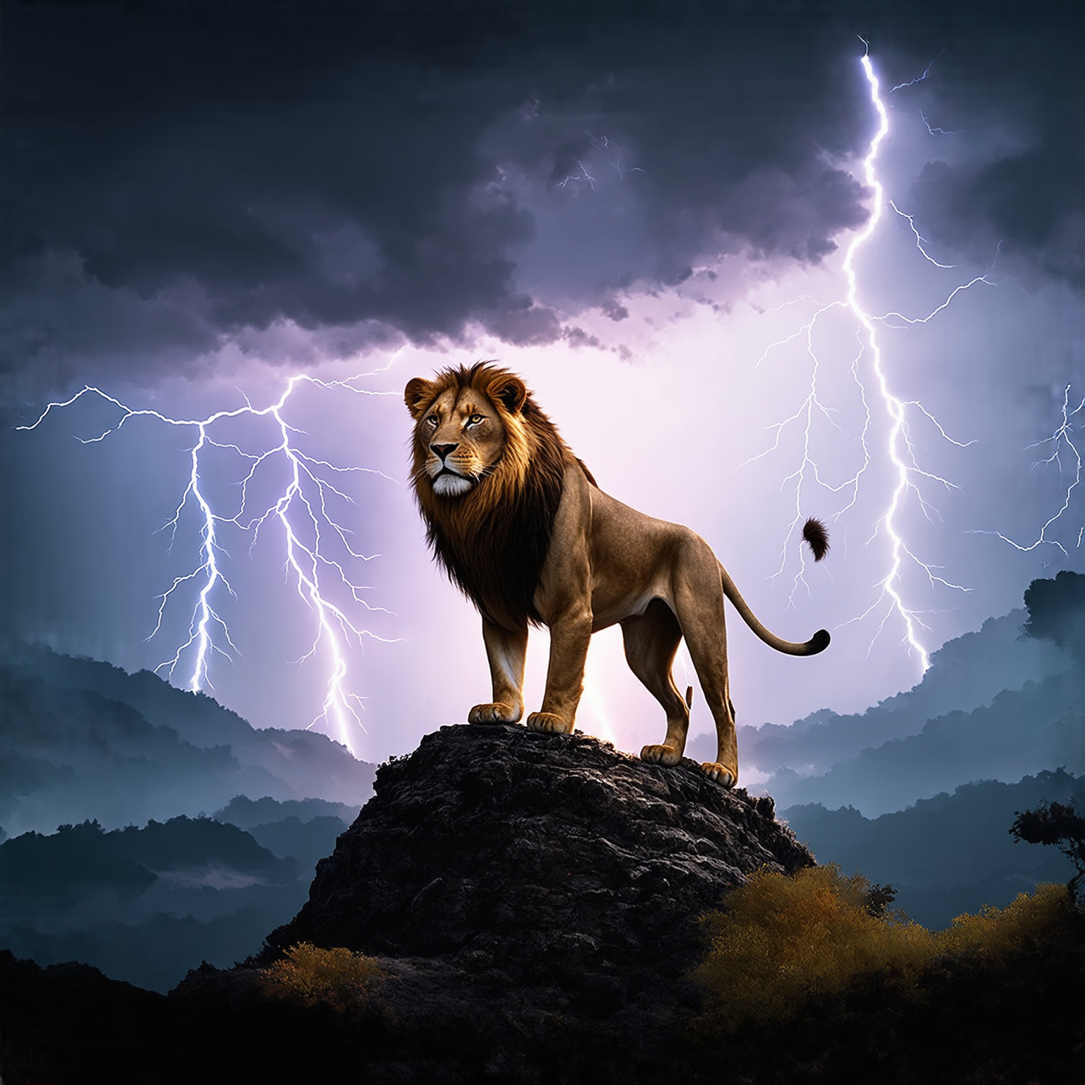 a lion standing on a rock with a lightning in the ba...