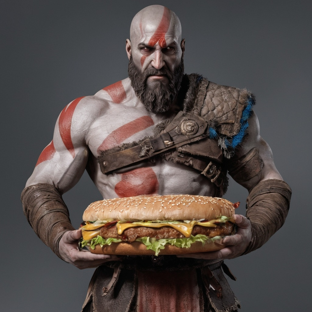 Kratos from god of war, holding a big mac
