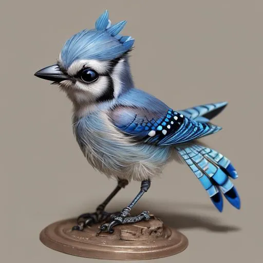 Tiny cute adorable baby bluejay knight running away,...