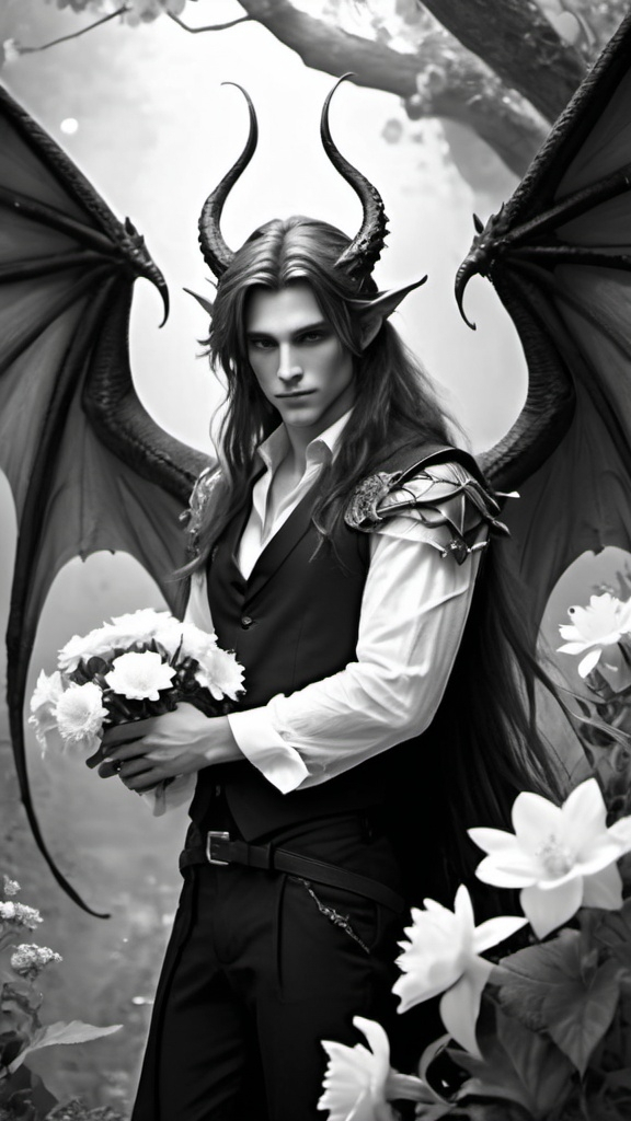 A Fae male with dragon wings, pointy ears, long hair...