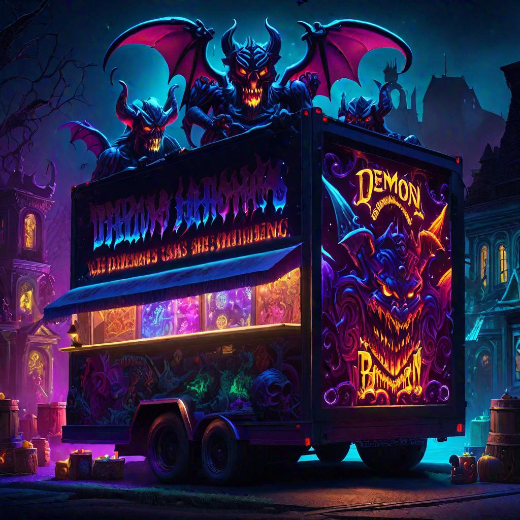 "TEXT; DEMON SHOP; a floating Shop truck made out of...