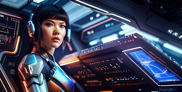 real life photo, a female cyborg in a copckpit of a...