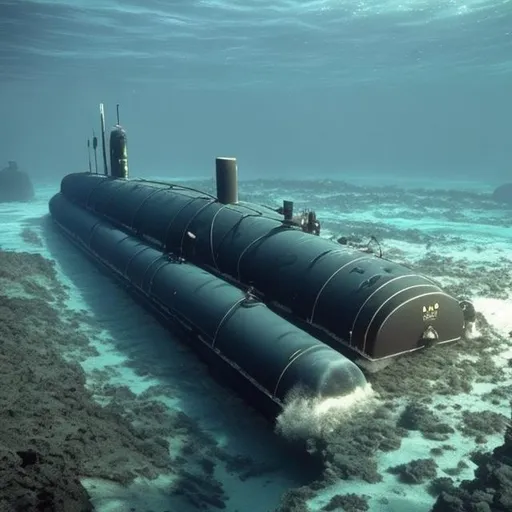World War II submarine on ocean floor with wreckage,... | OpenArt