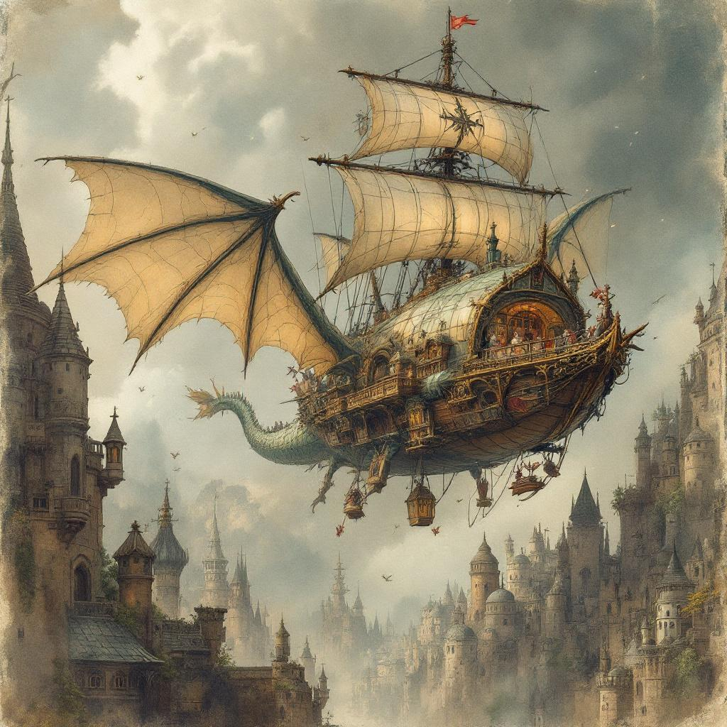 airship in the shape of a winged dragon, intricate d...