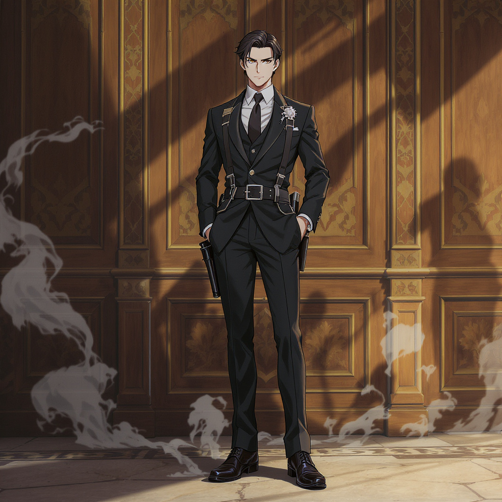 “Anime illustration of a clean-shaven, handsome MID-...