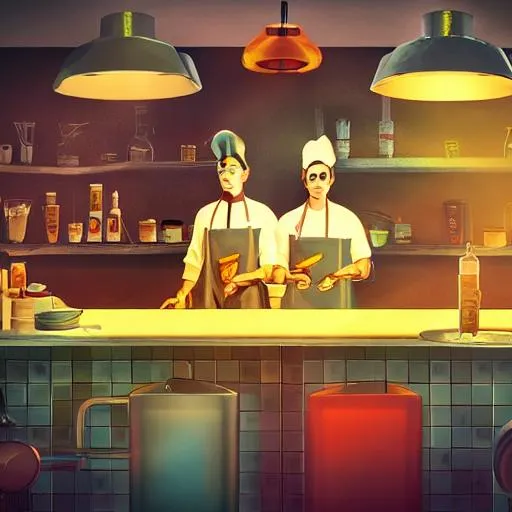 Chef cooking in a fallout kitchen lit with pink fluo... | OpenArt