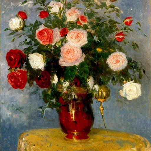 impressionist white and red roses on a golden vase f... | OpenArt