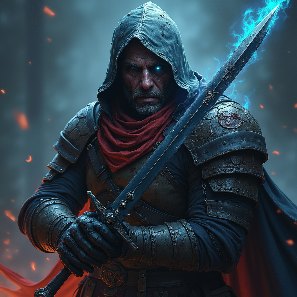 "A grimdark fantasy knight in scarred leather armor,...