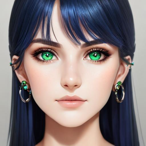 Close up portrait of a girl, round face, dark blue h...