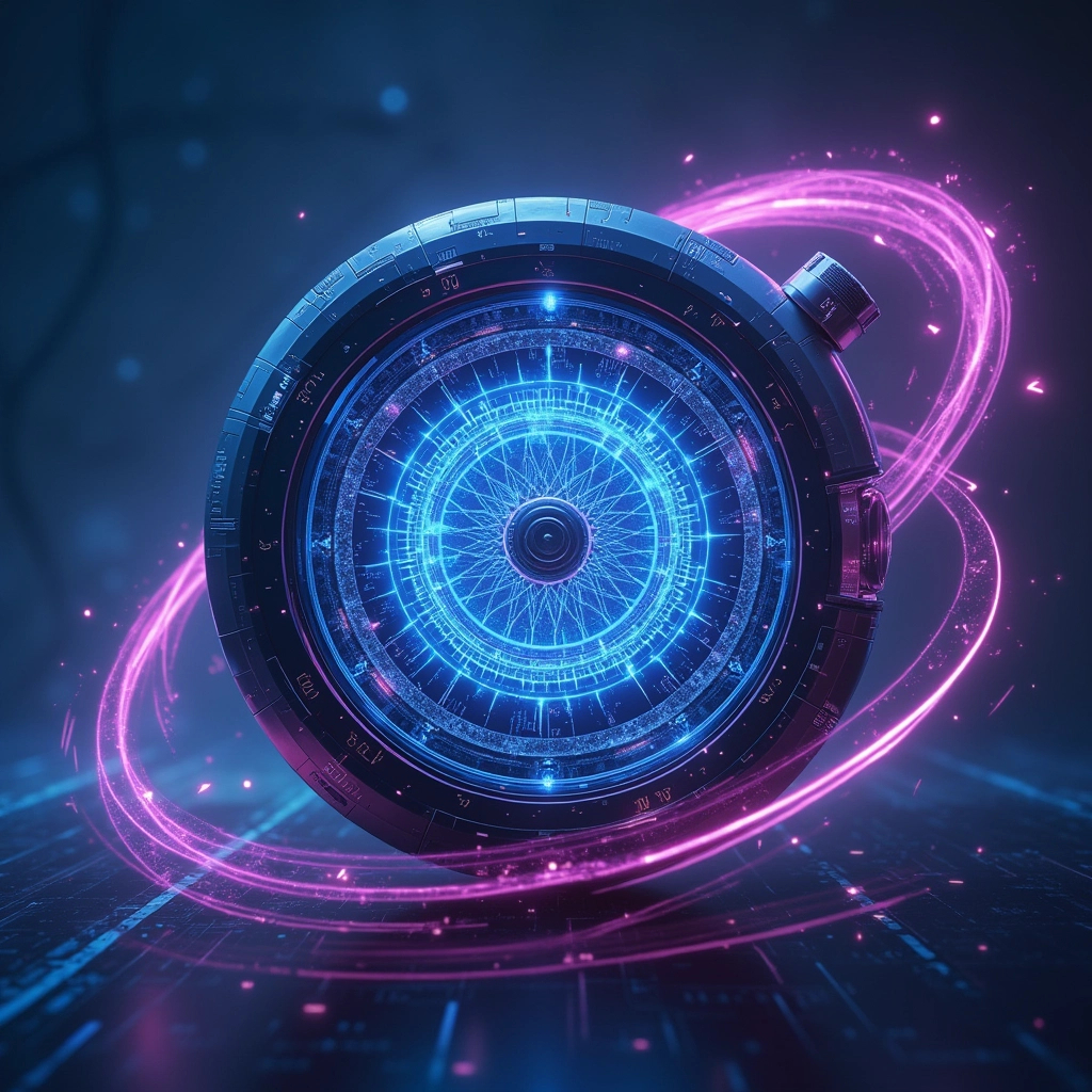 A futuristic AI-powered time machine, glowing with n...