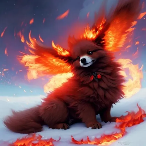 Cute, red, fluffy, fire puppy, possessing the elemen...