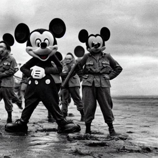 Mickey Mouse storming the beaches of Normandy with h... | OpenArt