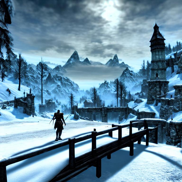 Beautiful Skyrim snowy landscape medieval constructi... | OpenArt