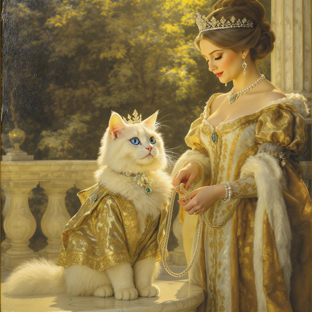 A highly detailed, elegant white cat with heterochro...