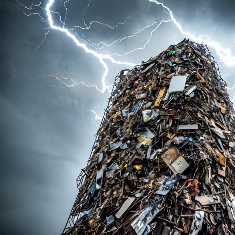 Looking up at a towering building made of scrap meta... | OpenArt