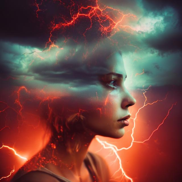 female, double exposure photograph of a women and cl...