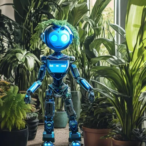 Humanoid Robot surrounded by plants happy