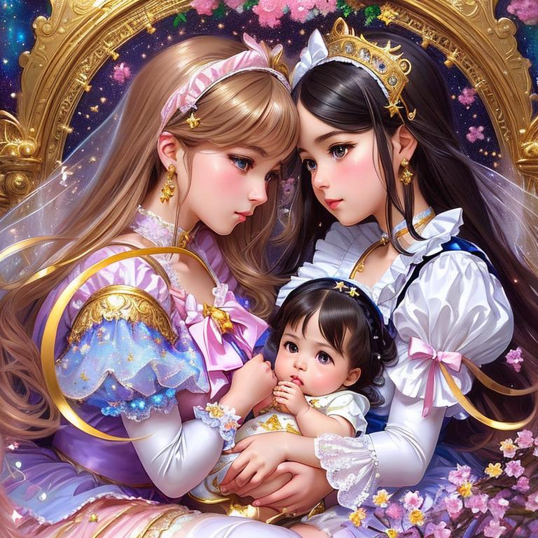 portrait of two magical lolita girls playing with ea...