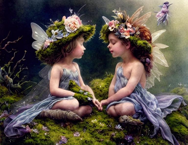 Only TWO young , small fairies sitting on moss, with...