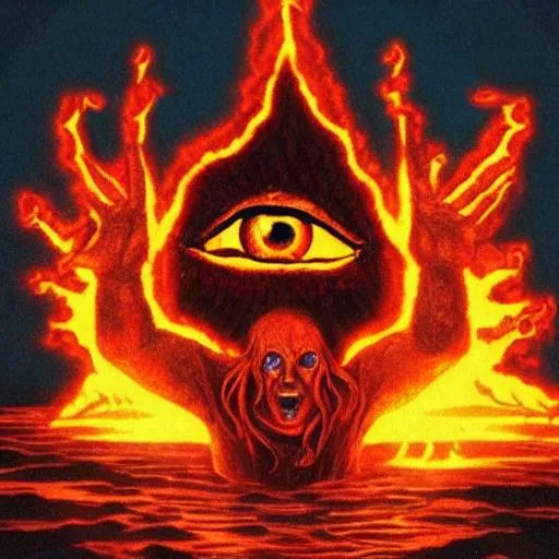 Lake of fire with human demon heads popping out of t...